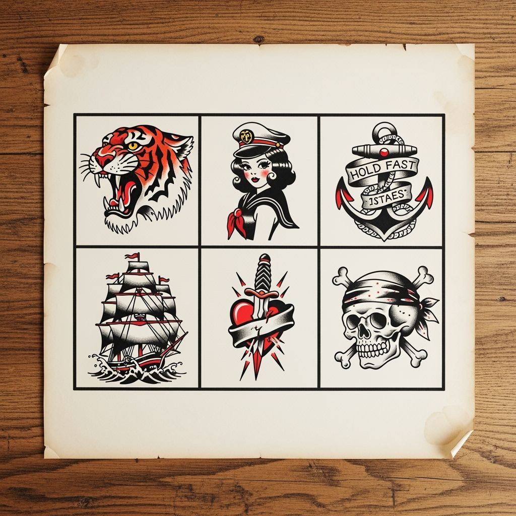 Tattoo flash sheet on aged cream paper, laid flat on wooden counter, 6 ...