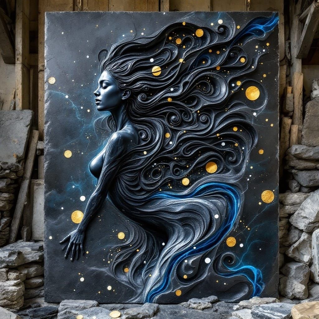 A stone carver is shown in the act: selling its canadian slate woman