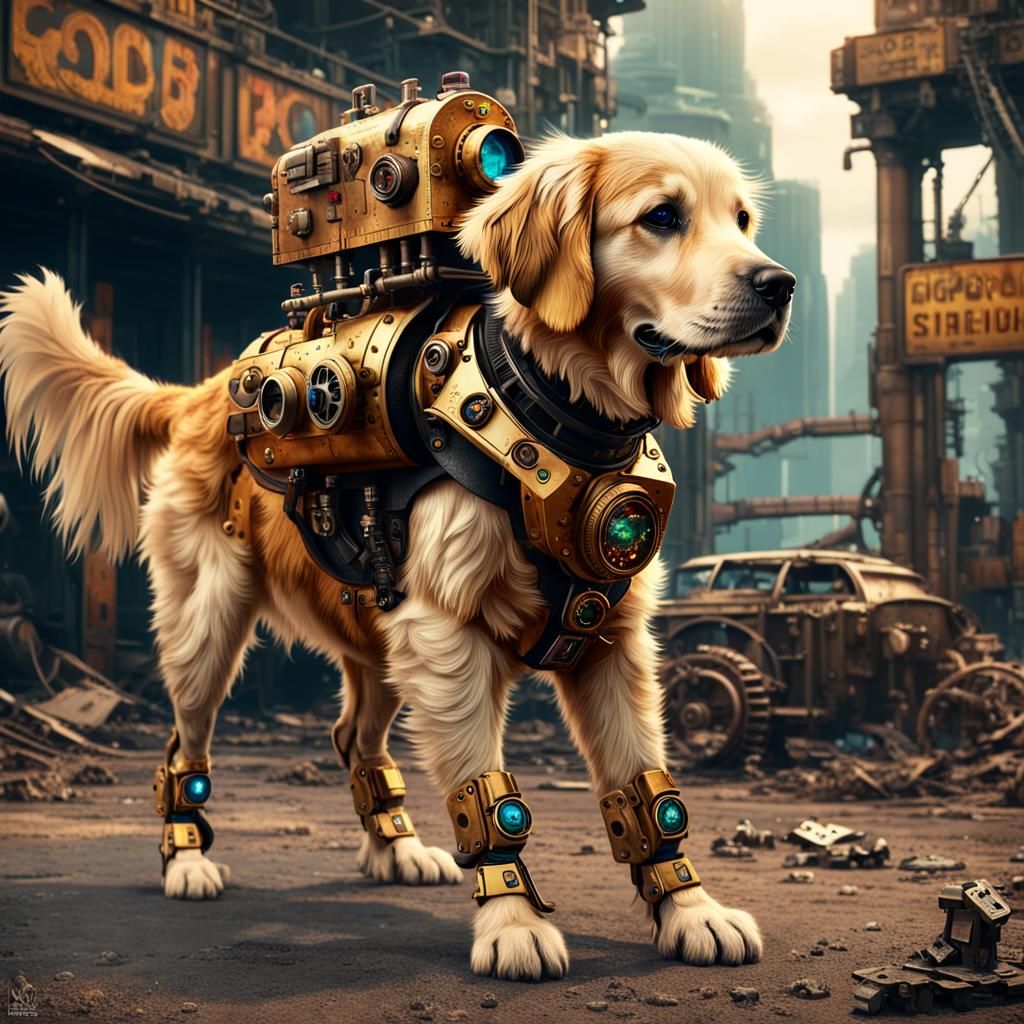 Robot cyborg golden retriever made out of half animal half mechanism ...