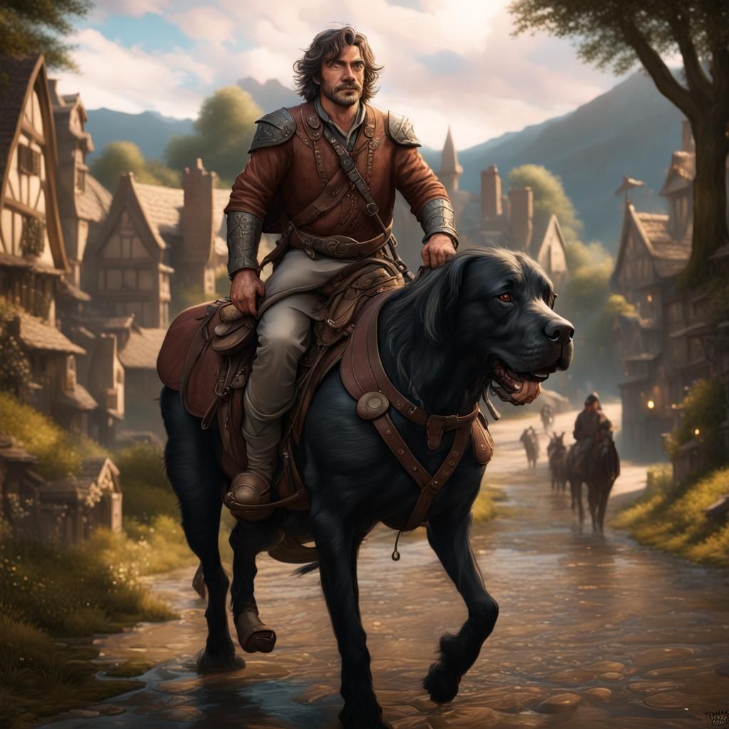 LOTR Hobbit, attractive male, leather, saddle, riding a mastiff ...
