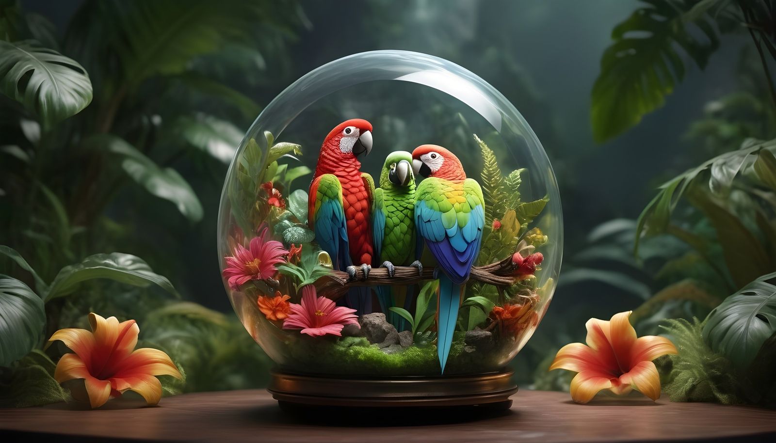 Colorful parrots in a crystal terrarium bottle - AI Generated Artwork ...