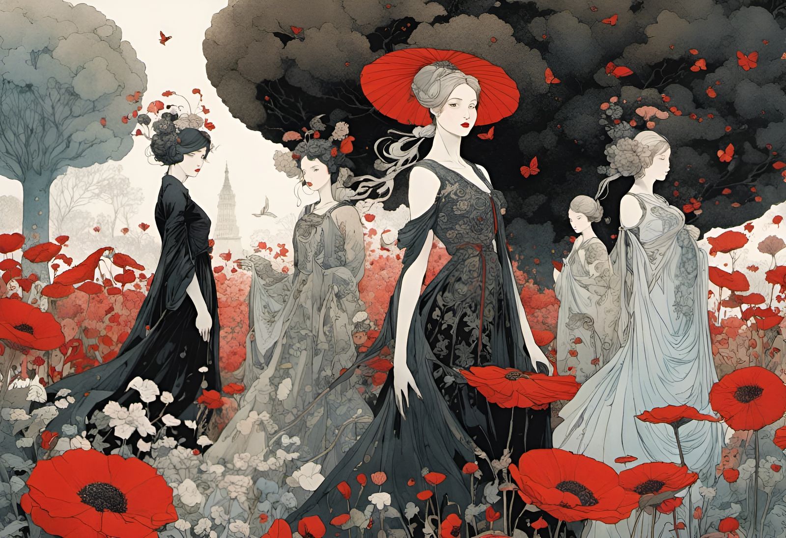 women among the flowers in red and black - AI Generated Artwork ...