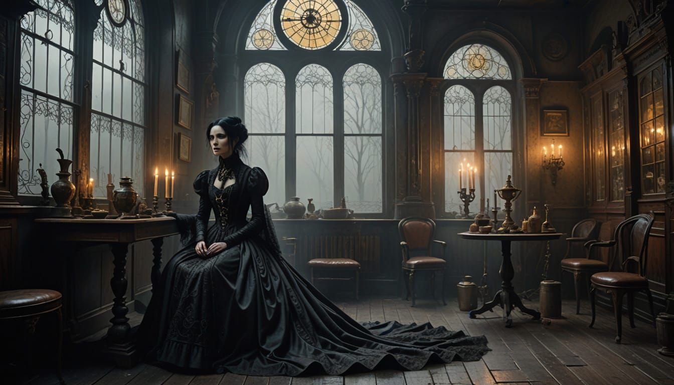 Goth Fashion Icon in Victorian-Era Coffee Shop - AI Art