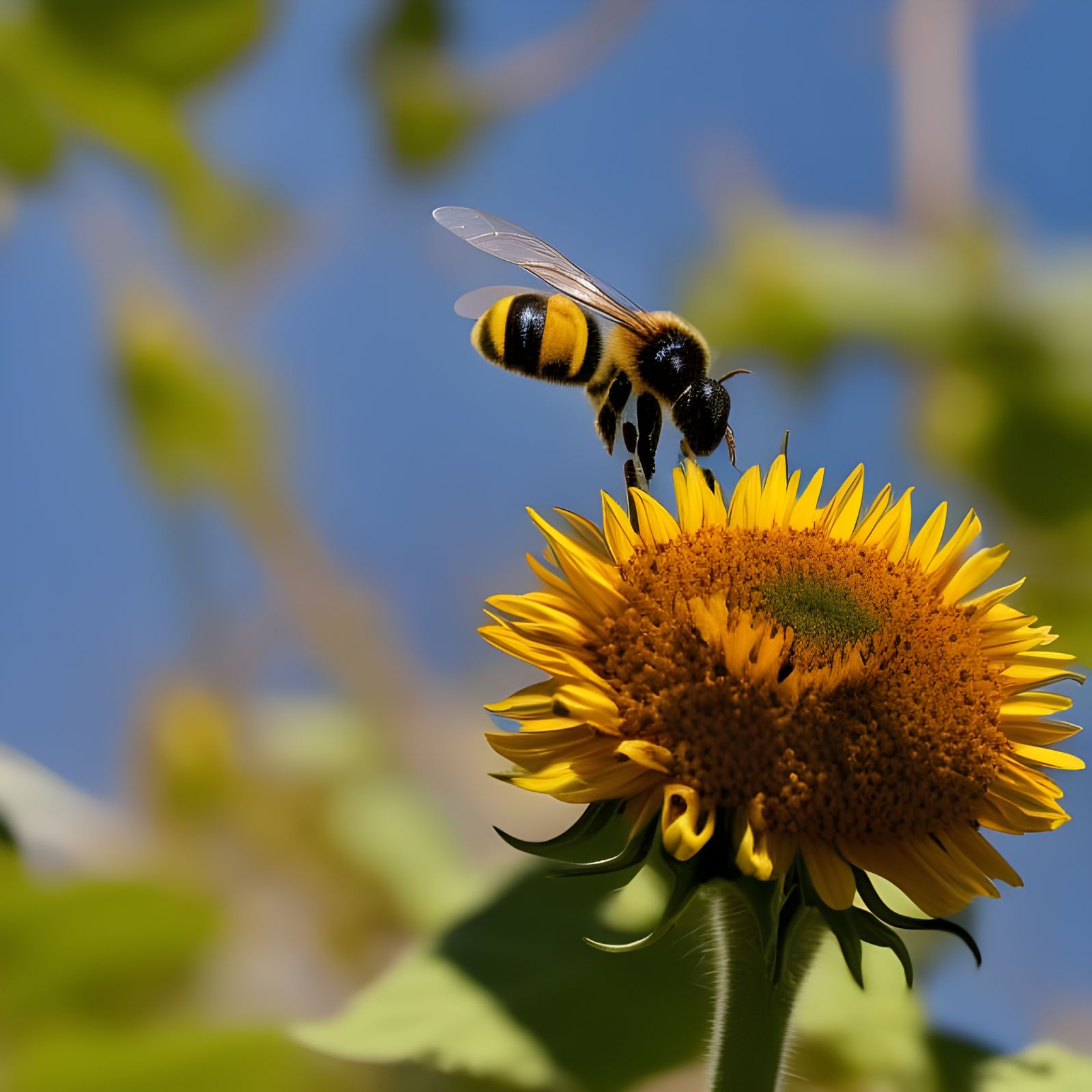 Bee hovering over a sunflower - AI Generated Artwork - NightCafe Creator
