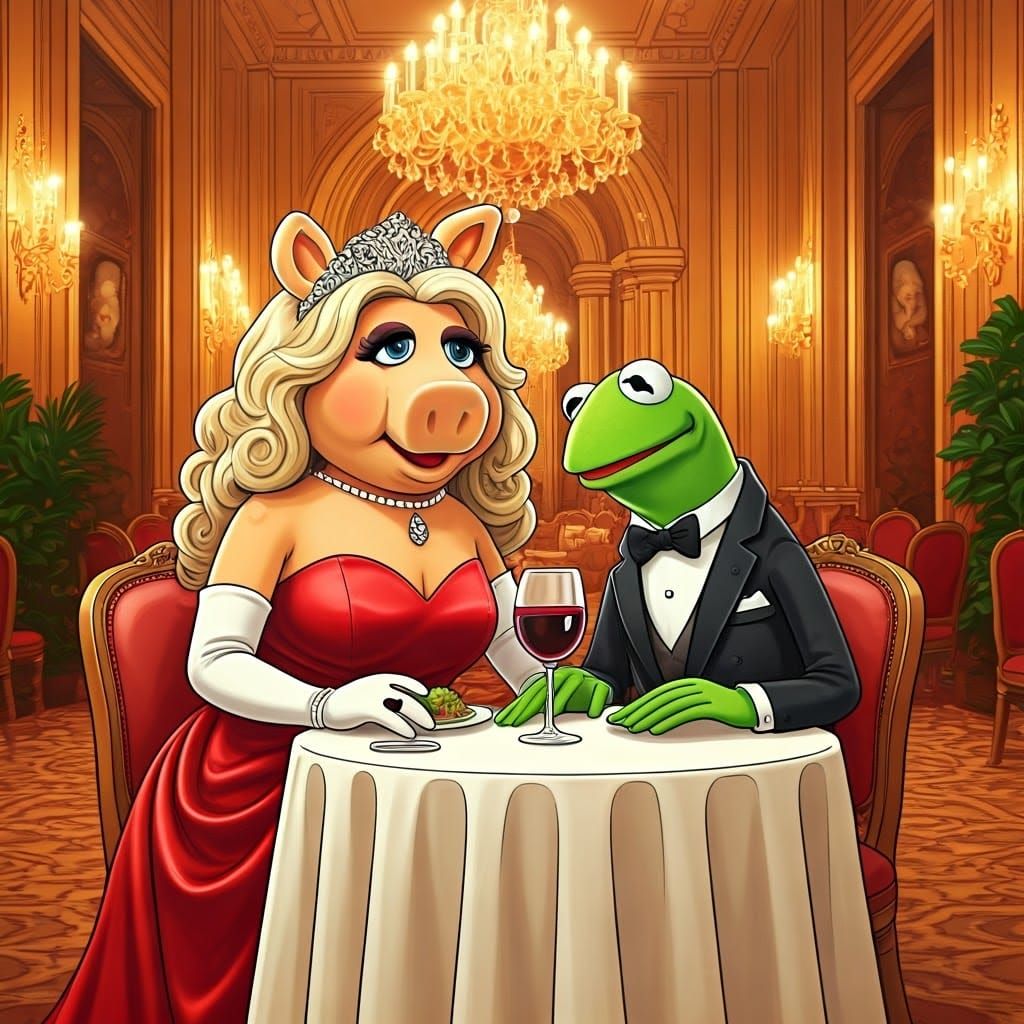 Elegant Muppet Duo Dine in Luxury, Whimsical Water... - AI Art