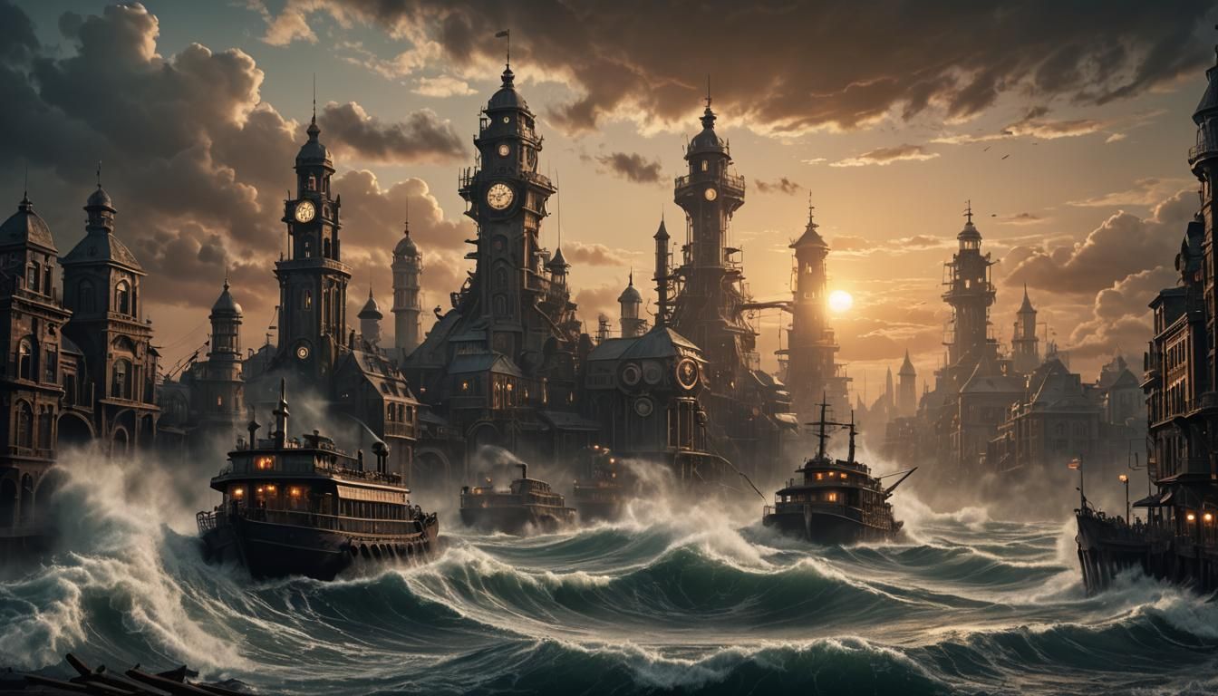 steampunk city at the sea - AI Generated Artwork - NightCafe Creator