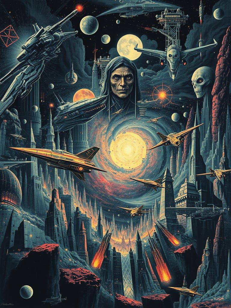 A mosaic of pulpy sci-fi tropes; retro pulp science fiction aesthetic