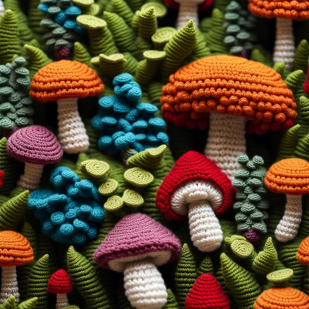 A crochet fern and mushroom forest, intricate, colorful, 64k resolution ...
