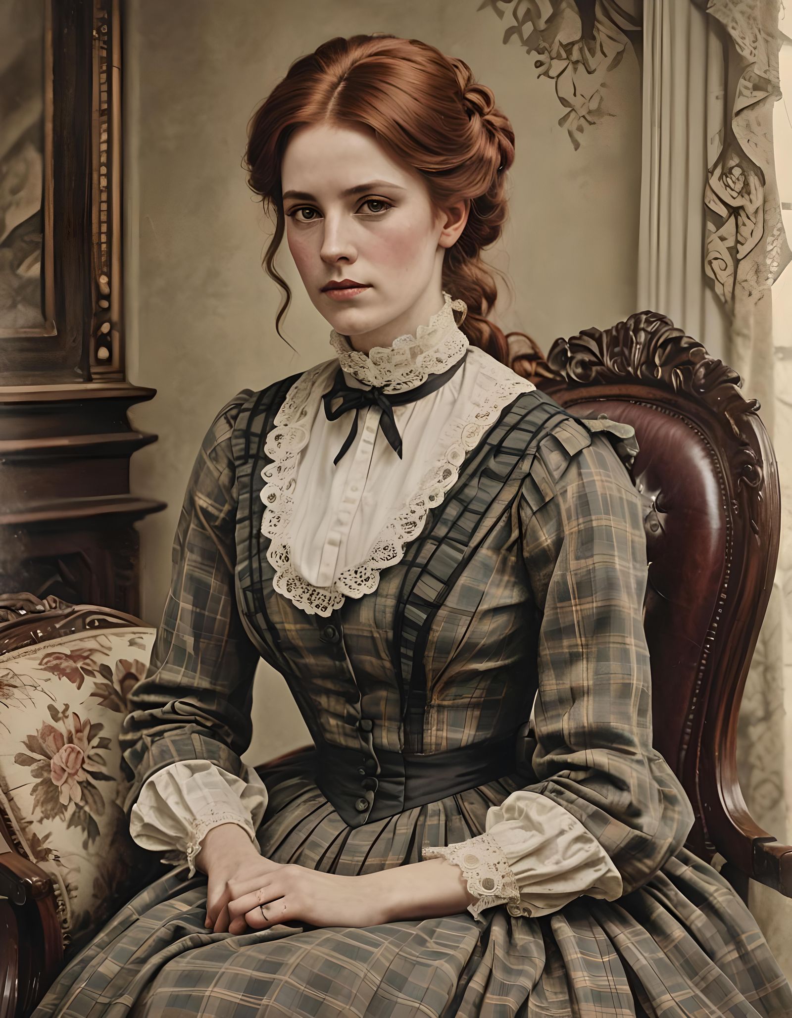 A beautiful young Victorian woman with auburn hair in a plaid dress ...