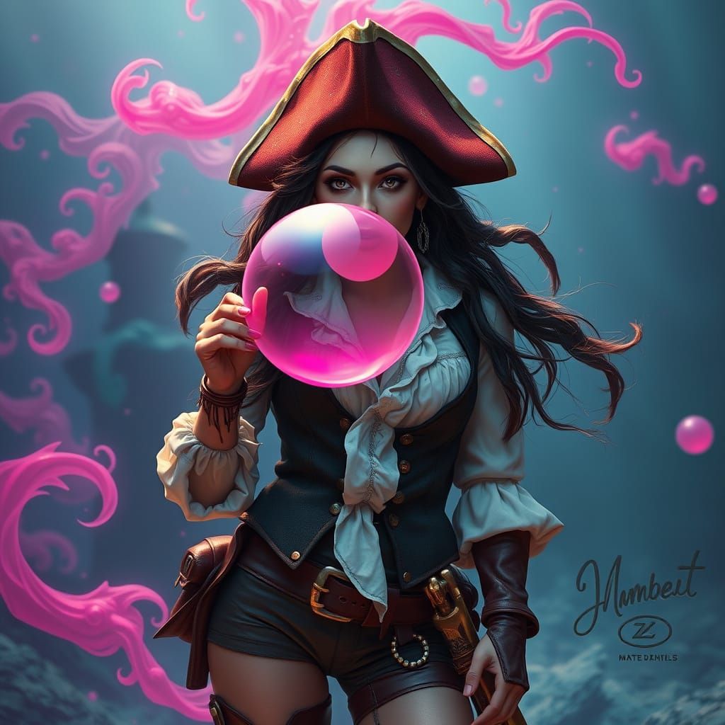 pin-up pirate blowing a bubble from bright pink bubblegum