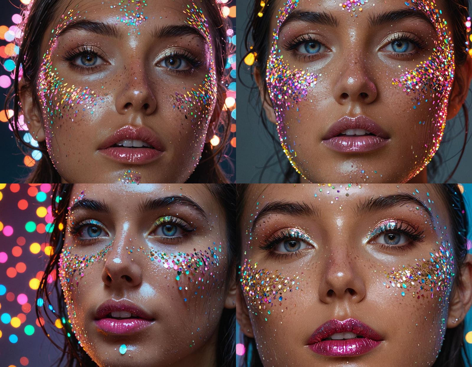 A close up of a person with glitter on their face, neon volumetric ...