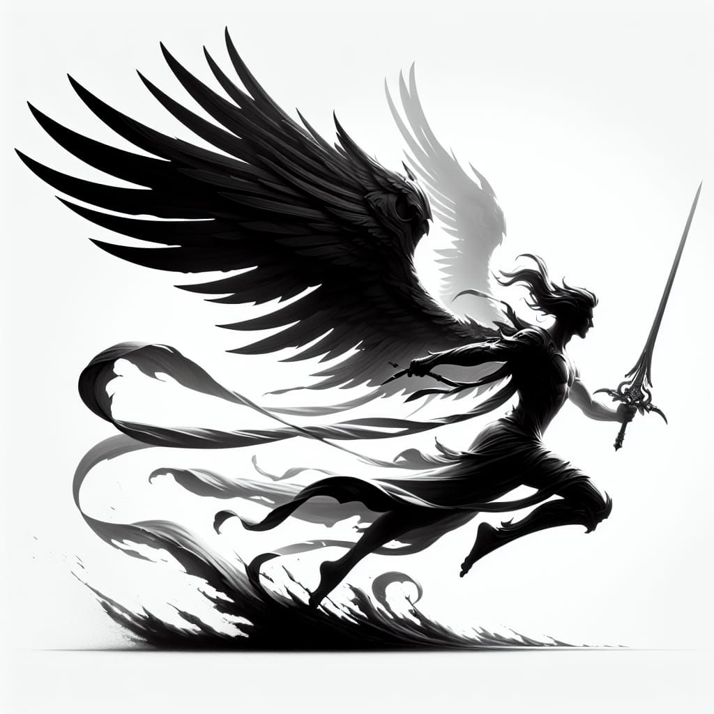 Powerful Angel Warrior in Flight, 6 Wings, Sword, ... - AI Art