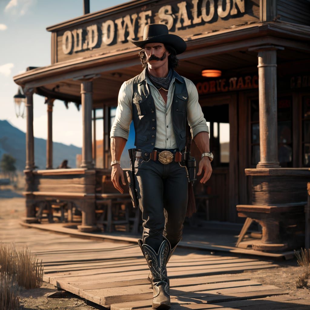 A Bad Man - Handsome Cowboy in Sunlit Old West Saloon
