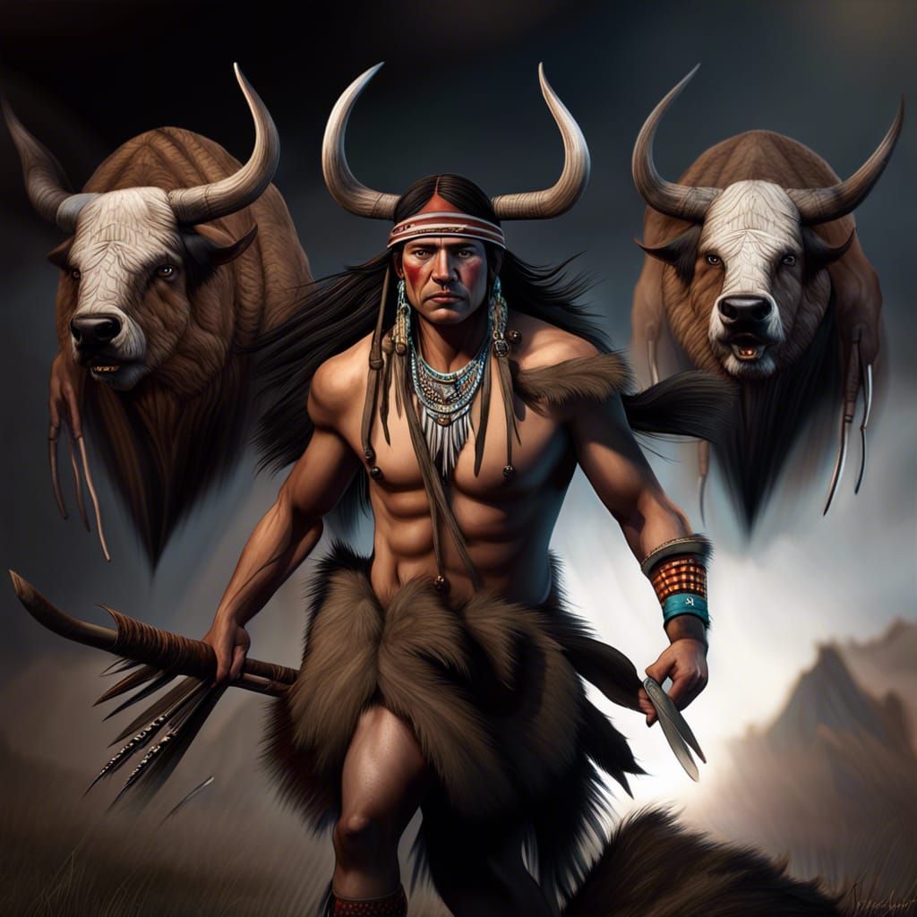 native american hunting buffalo , walnut rod ,detailed fine hair ,fur ...