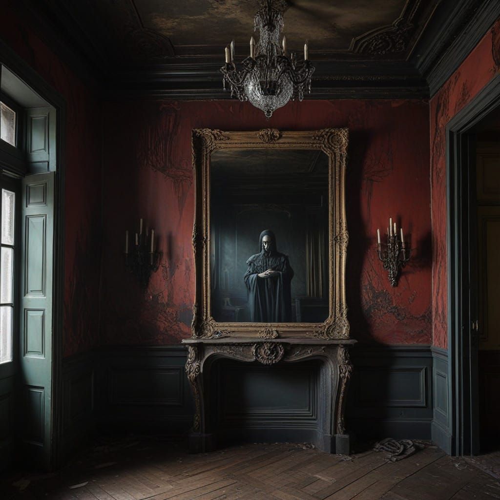In the decrepit, Victorian mansion's depths, a ghostly, ethereal shadow ...