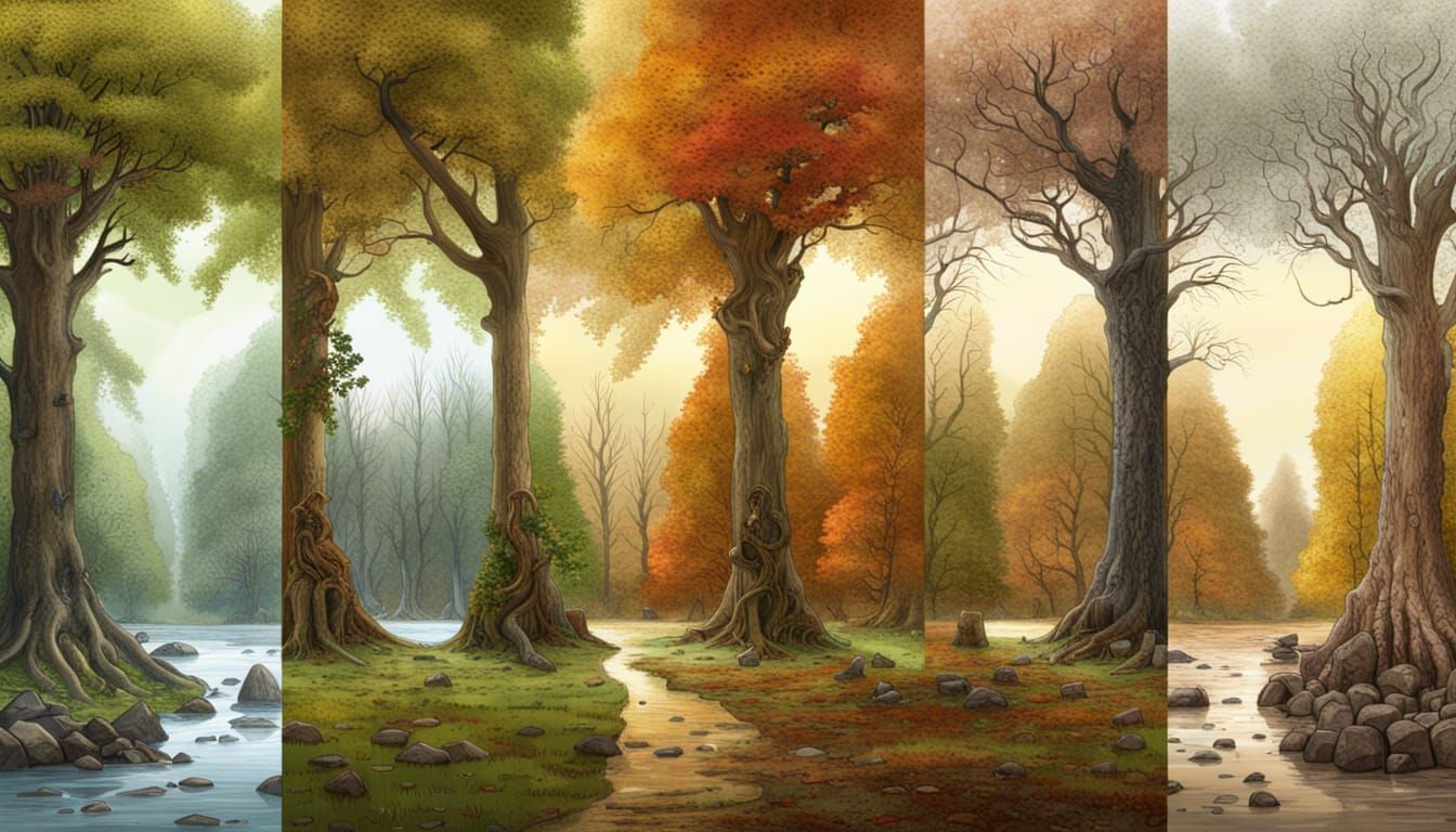 a split screen of four forests of different seasons with winter, summer ...