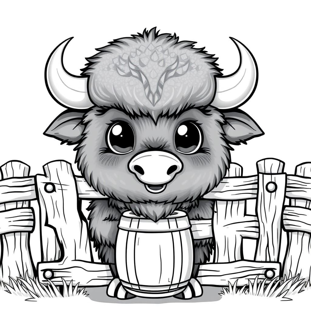 Kawaii bison coloring page. The bison has big, sparkling eyes and a ...