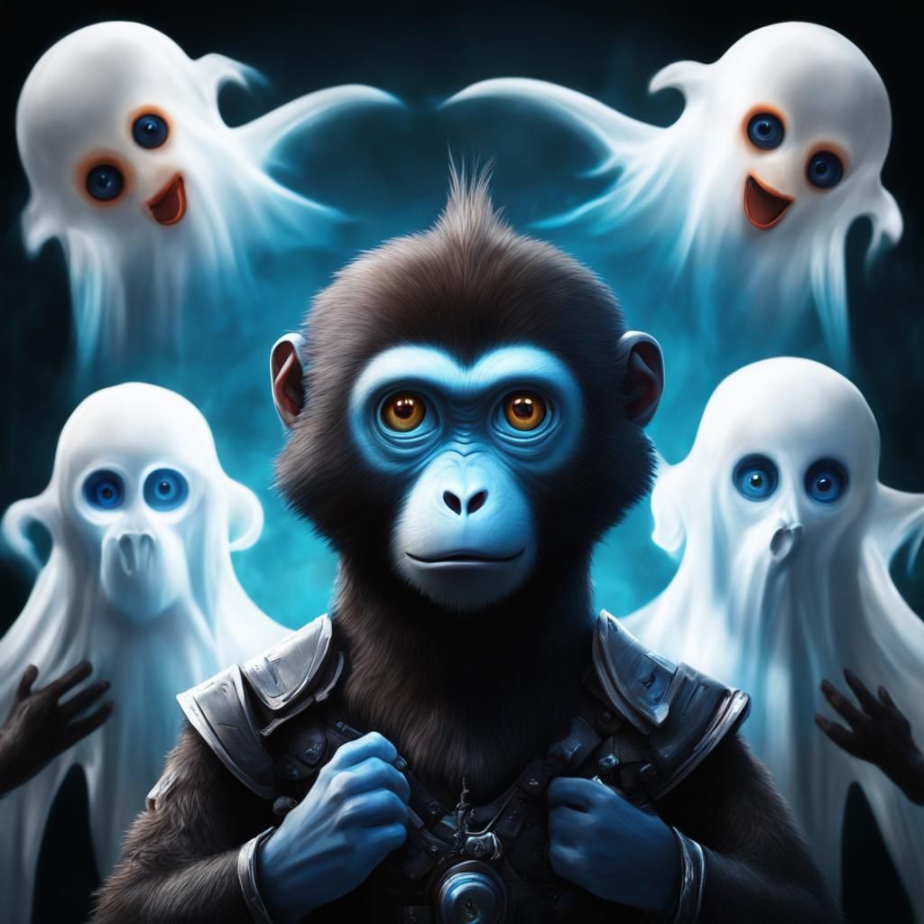 a monkey with blue eyes surrounded by (((ghosts,))) zbrush central ...