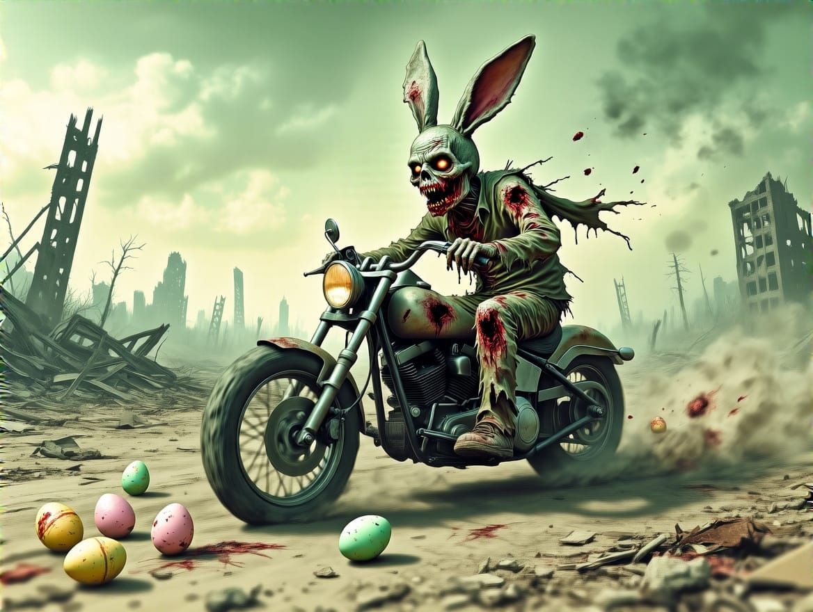 Decaying Easter Bunny Rides Motorcycle Through Was... - AI Art
