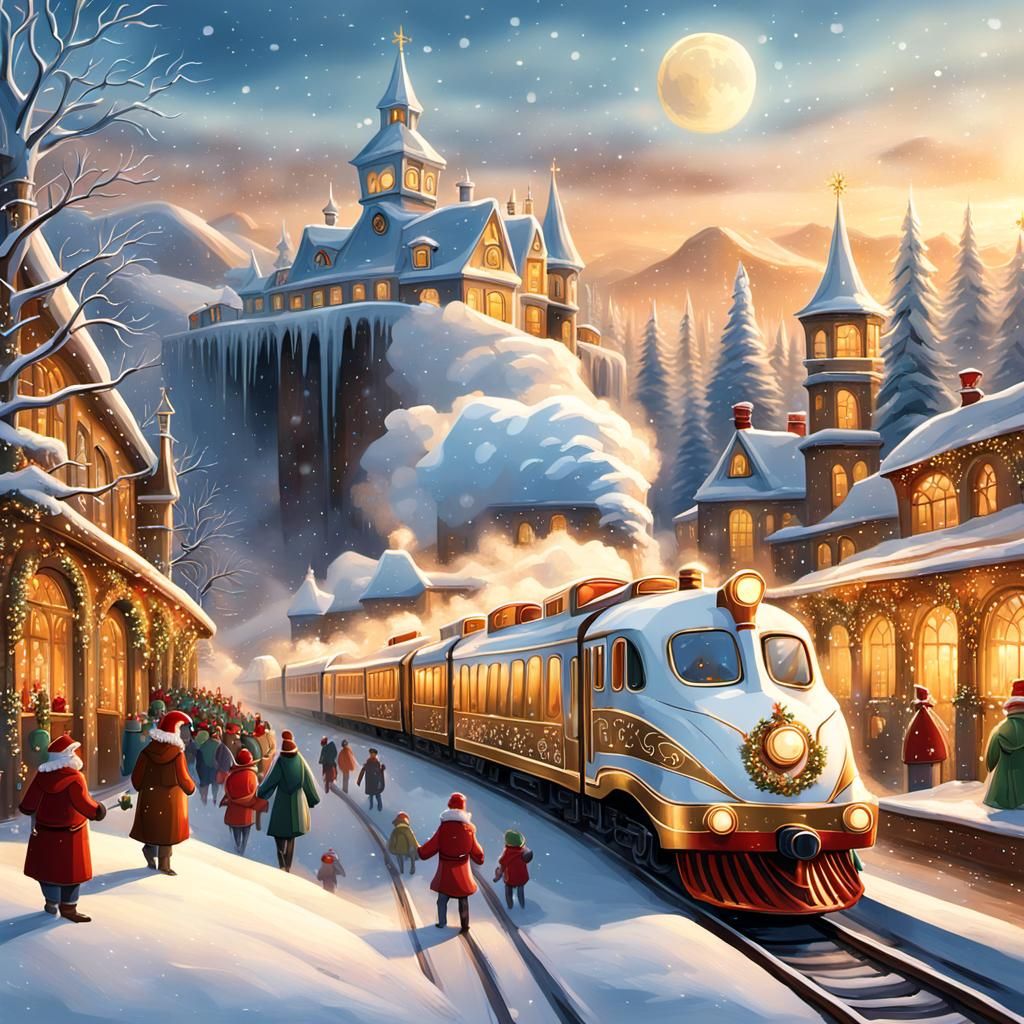 Magical Christmas Train Arrives at Festive Station - AI Art
