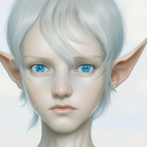 ,Elf, white and blue skin, long ears, white hair, long face, small nose, young, small nose ...