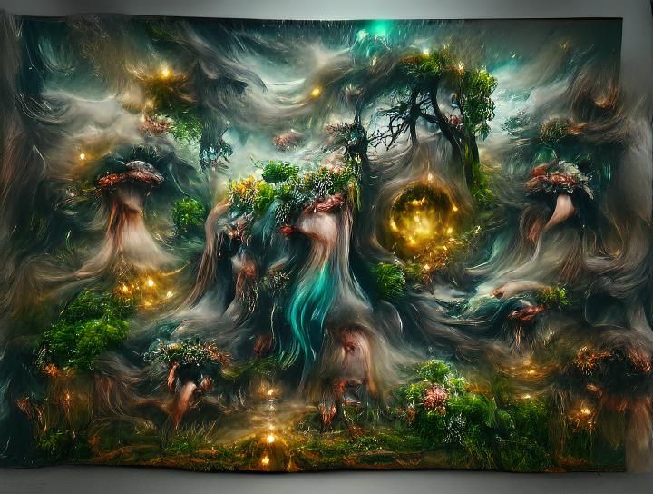 eye catching, complex elaborate hyperrealistic painting pagan summer ...