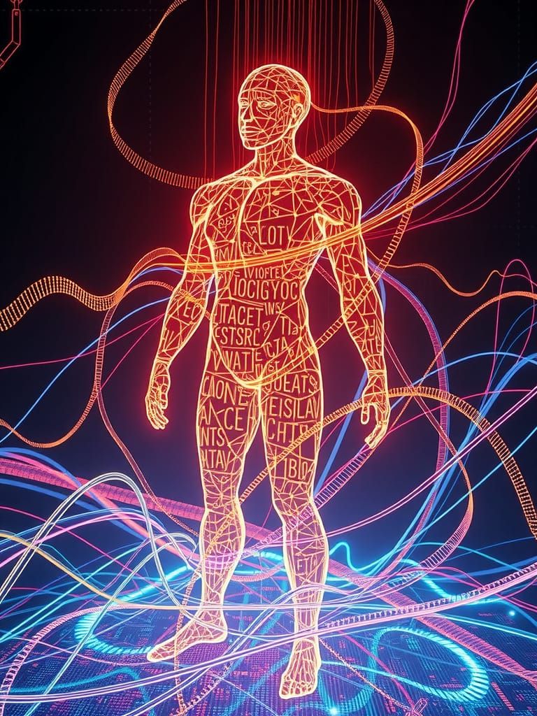 A humanoid form composed of glowing code glyphs, shifting data strands ...