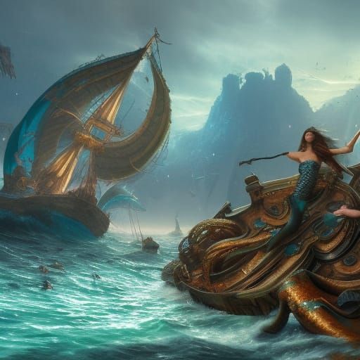 Mermaids surrounding a shipwreck - AI Generated Artwork - NightCafe Creator
