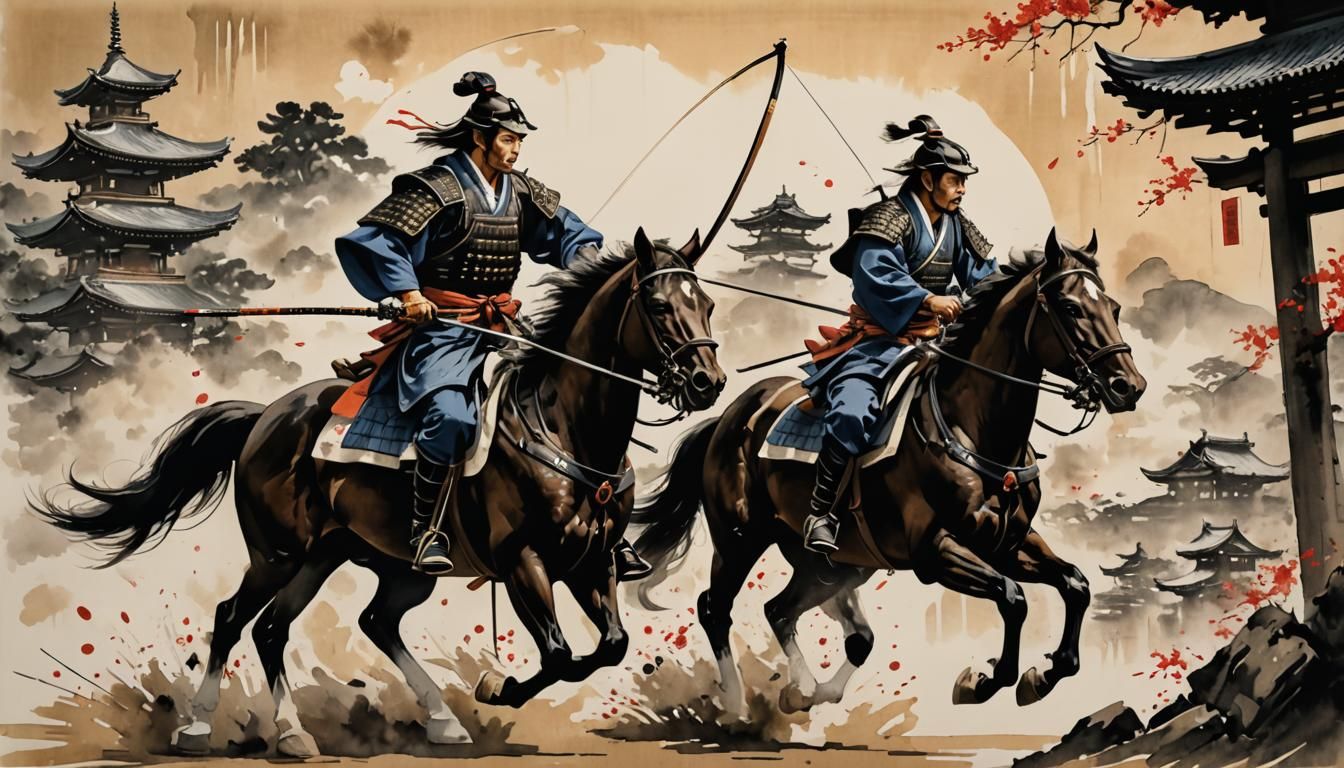 a captivating and impactful image of a samurai riding a majestic horse ...