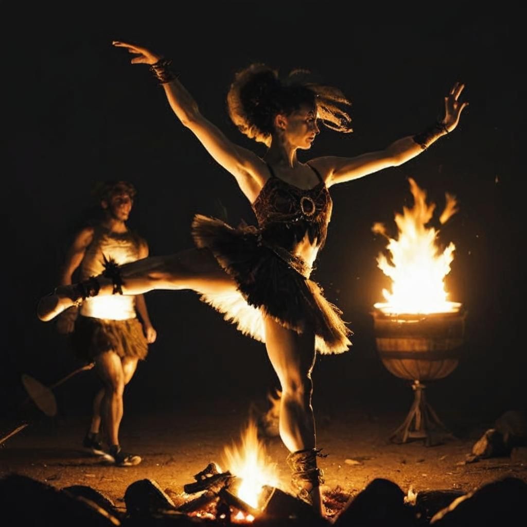 cavewoman ballerina with tutu and toe-shoes dancing around a campfire ...