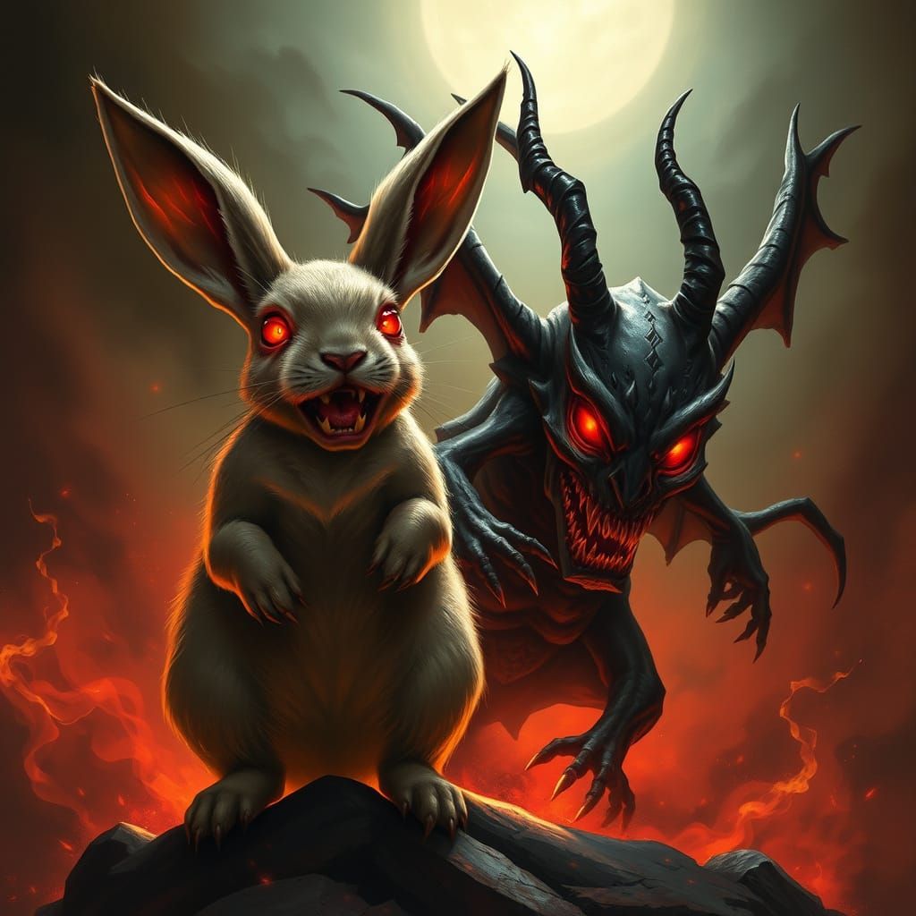 Terrifying Rabbit with Red-Eyed Demon in a Fiery A... - AI Art