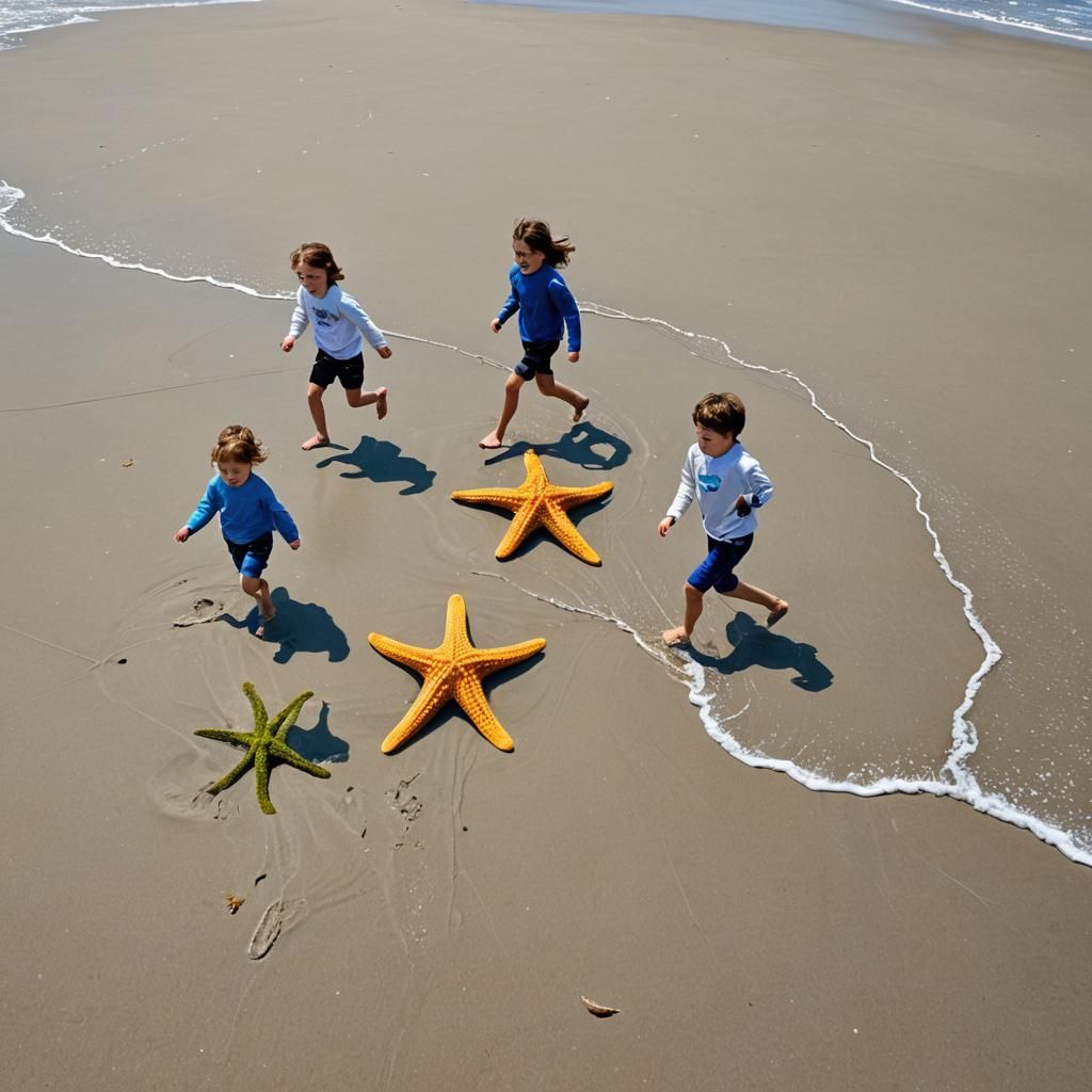 seaweed, 3 kids running , 3 starfish on the beach, blue sky , big waves - AI Generated Artwork ...
