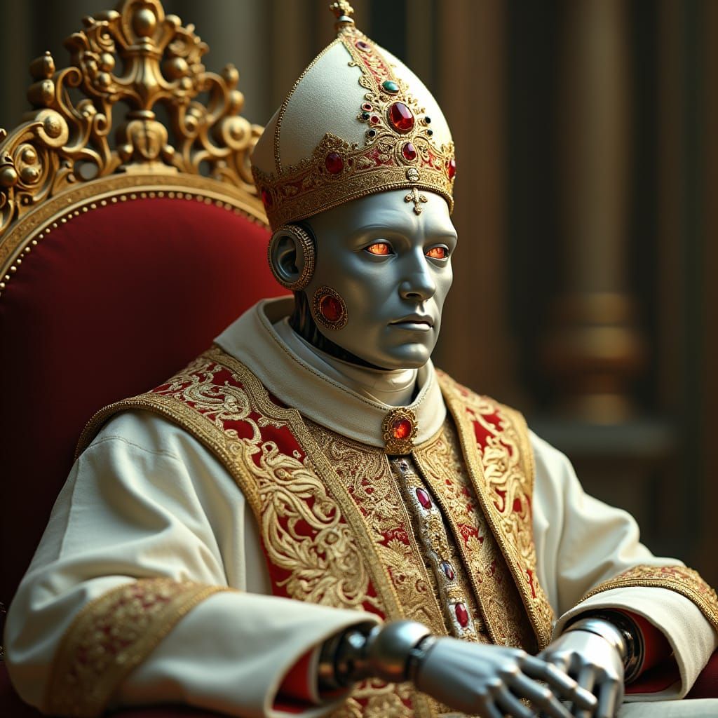 Hyper-Realistic Robot Pope in Vatican Throne Room - AI Art