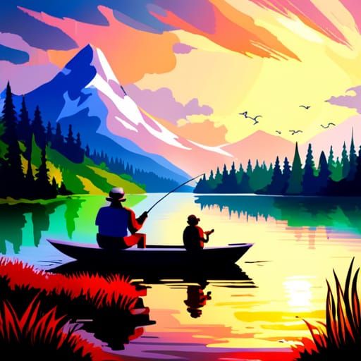 Old man and boy fishing, in a boat, on a lake, 8k resolution, a ...