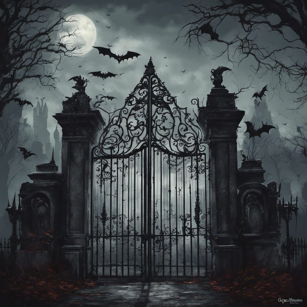 Spooky iron gates to the entrance of the cemetery, dark night, lights ...