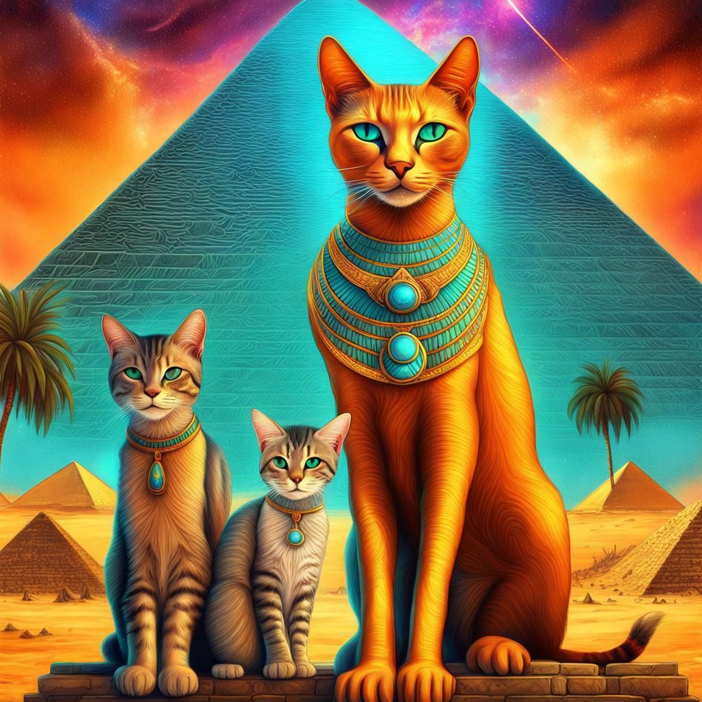 The goddess Bastet and her beautiful cats in front of the Egyptian ...