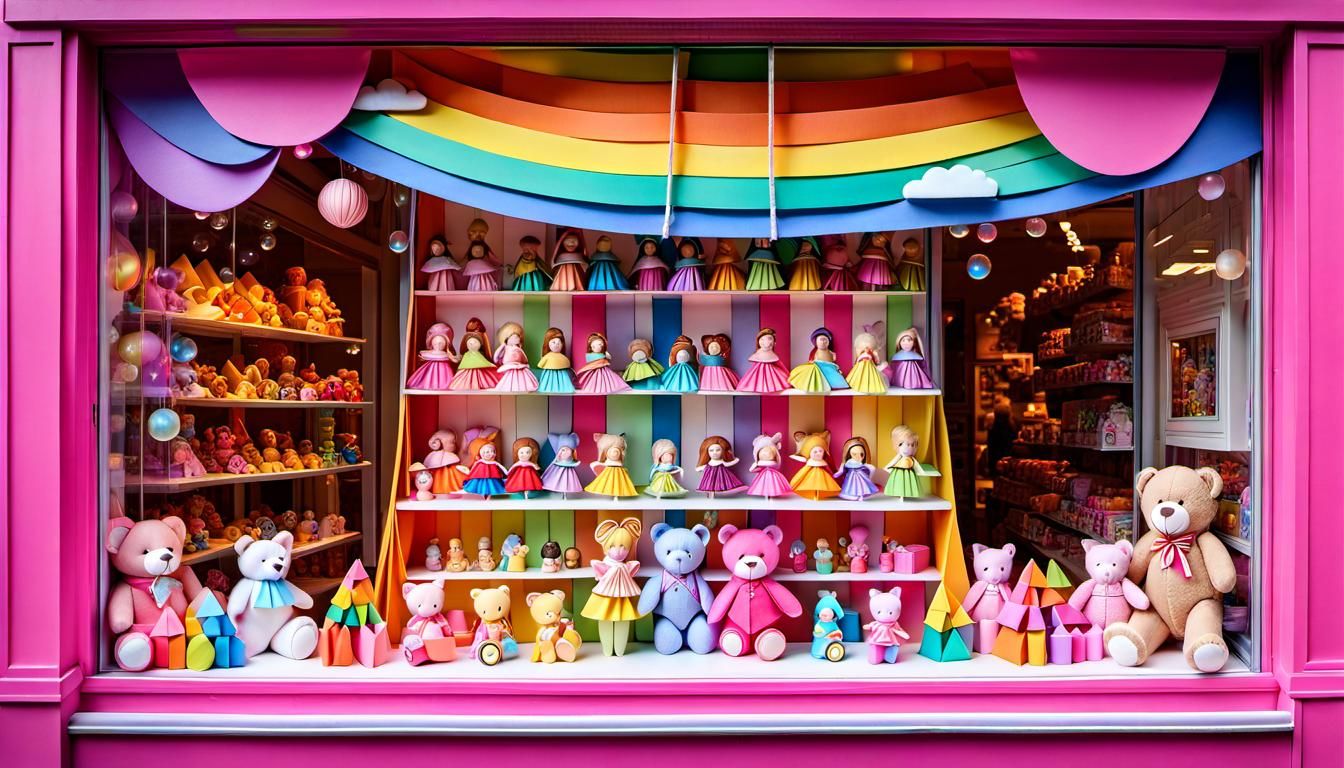 a detailed toy shop window with dolls and toys on shelves, giant teddy ...