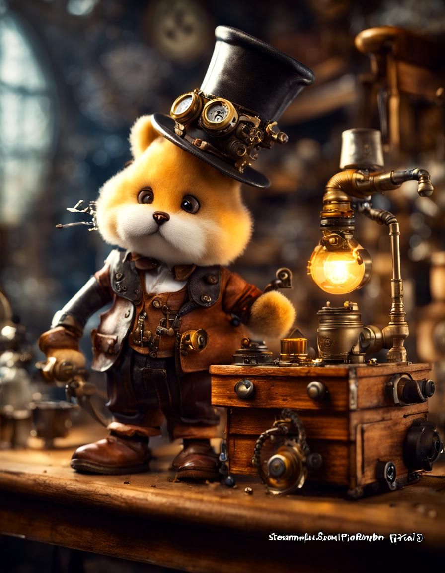 a steamplush boffin's tries to work with honey-clogged parts (steamplush character design:1.5 ...