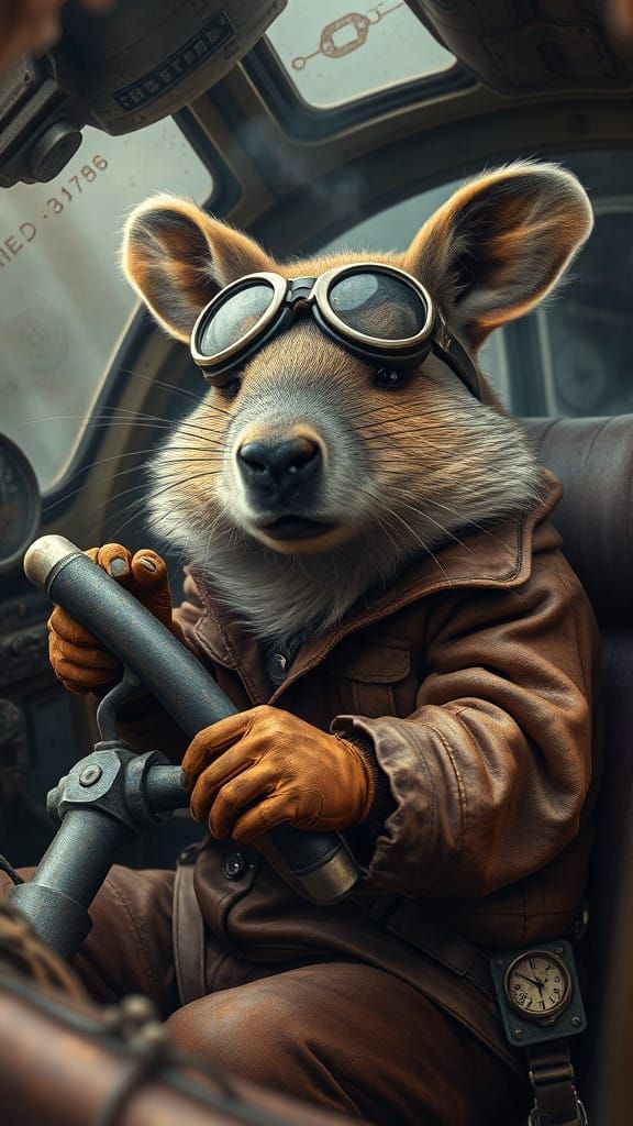 cinematic film still, angry capybara as early 20th century WW1 pilot ...