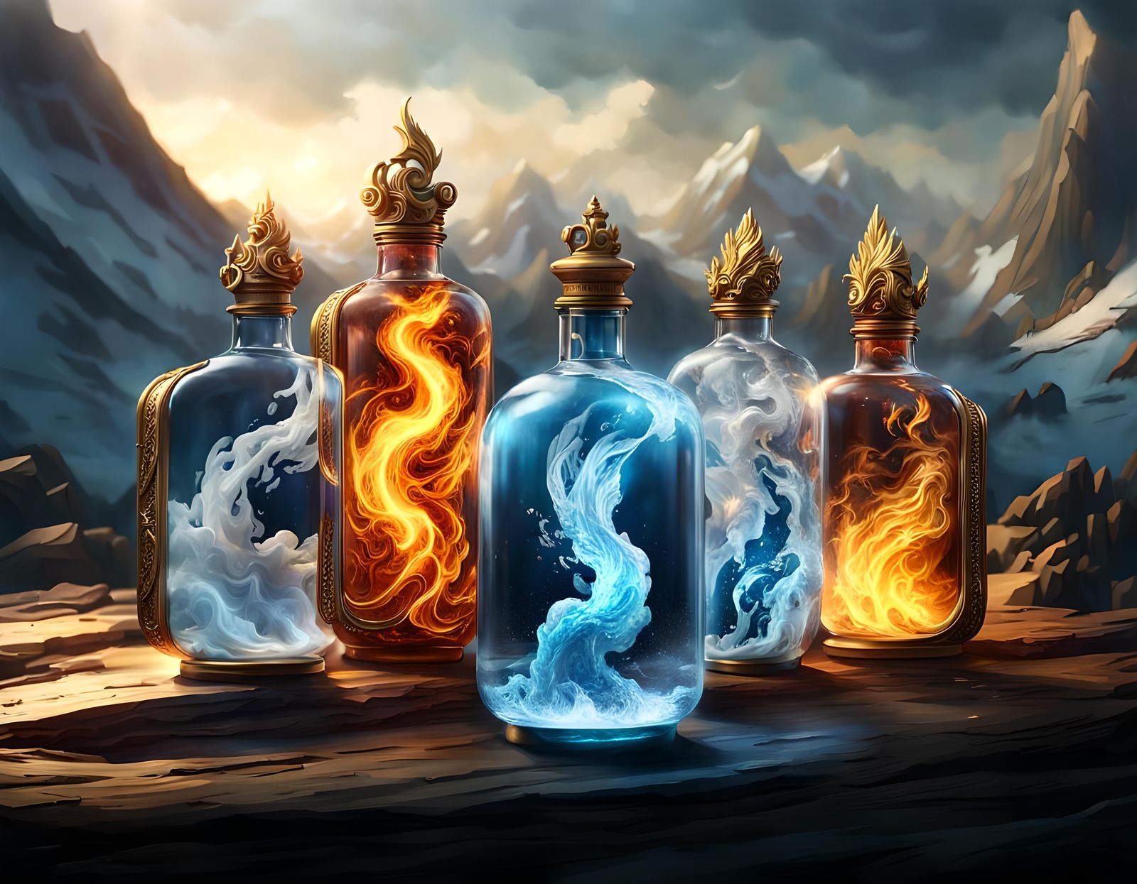Elementals of Fire, Ice, Wind and Earth kept safe in beautiful bottles ...