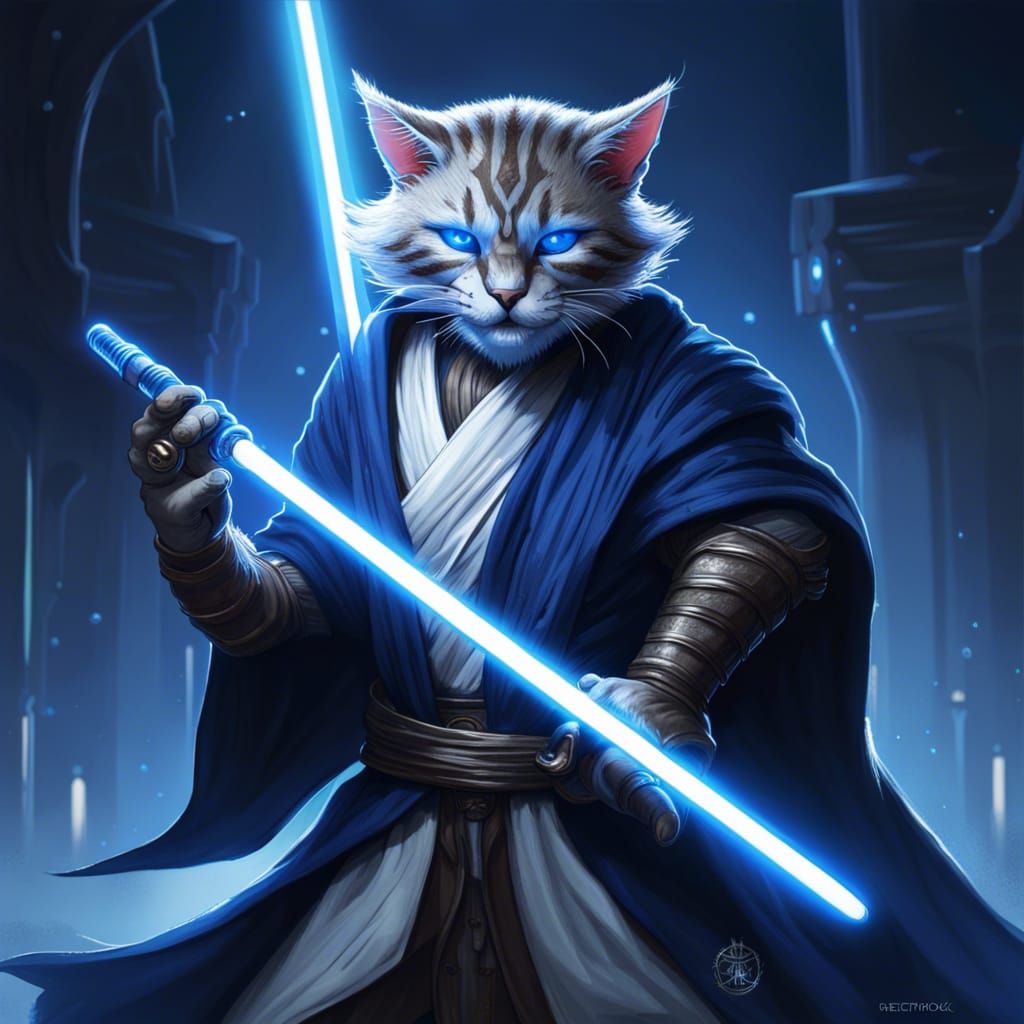 A werecat Jedi Master wearing blue and white poses with his two ...