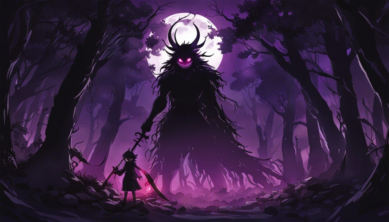 black, purple, white, red deep dark creepy forest with glimpse of ...