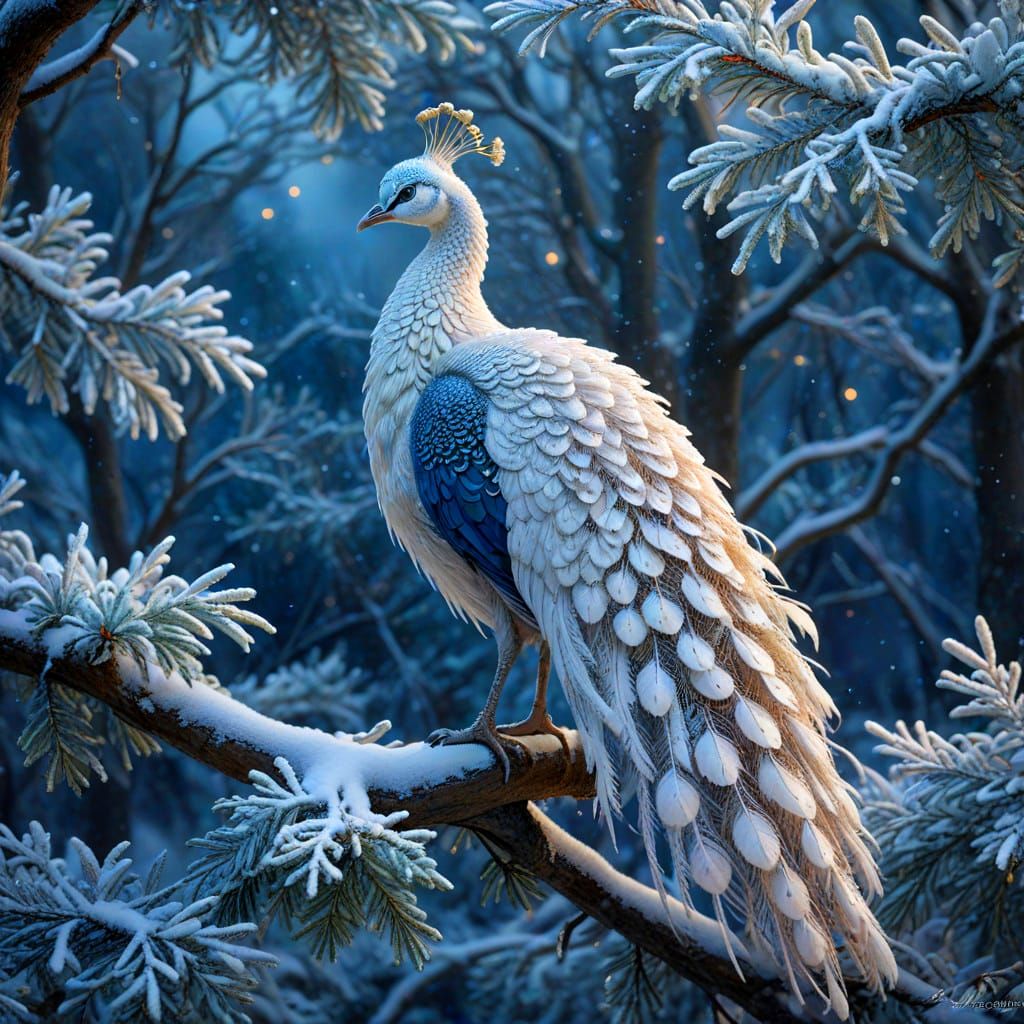 Ethereal Winter Peacock with Glowing Feathers and ... - AI Art