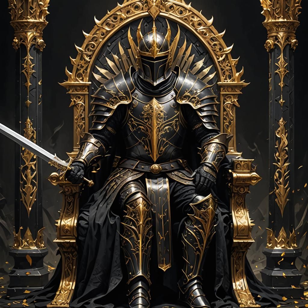 a legendary knight sitting in a throne made of blades wearing a black ...
