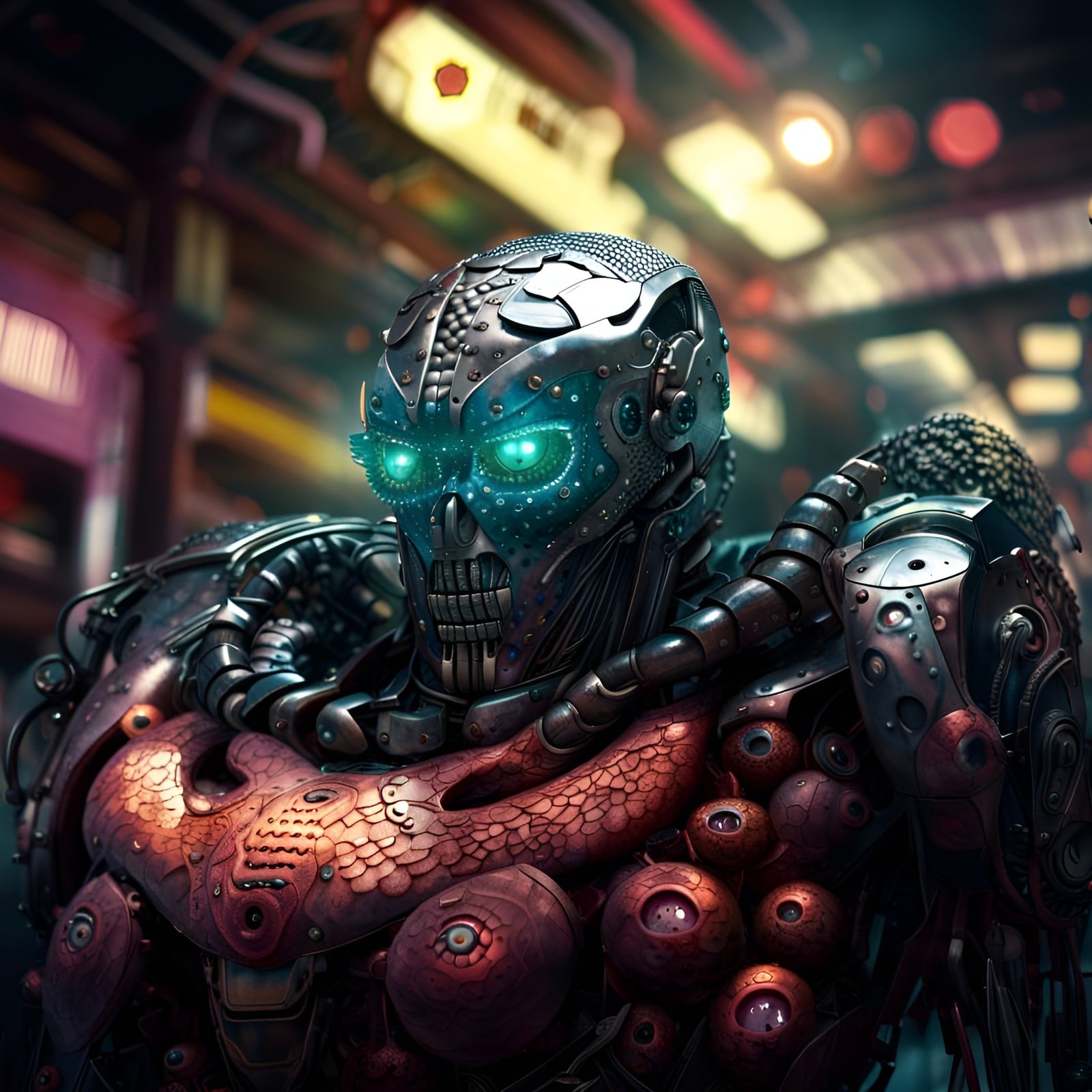 Terminator like robot made of metal with snake scale skin. there are ...