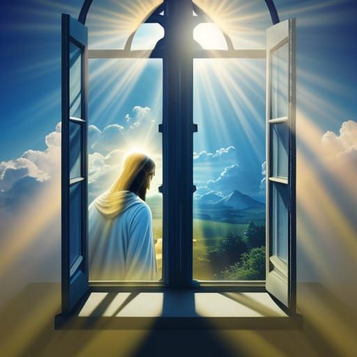 Jesus Gazing Through Heavenly Windows into a Brigh... - AI Art