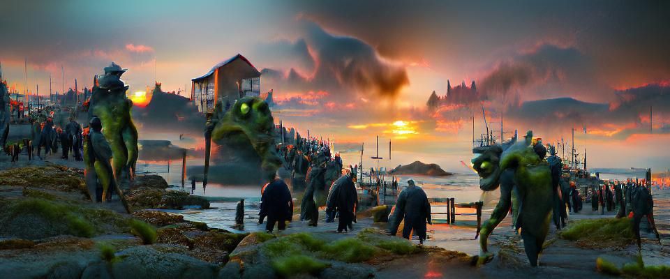 Army of innsmouth fish people approach a coastal town sunset 8k ...