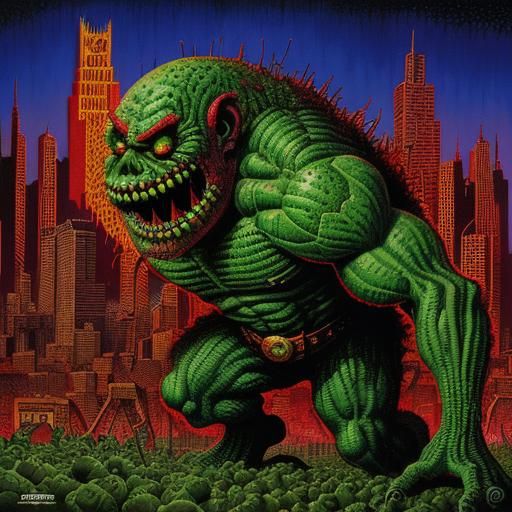 Grotesque Monster TOMATO TERRORIZING desolate city, pointillism ...