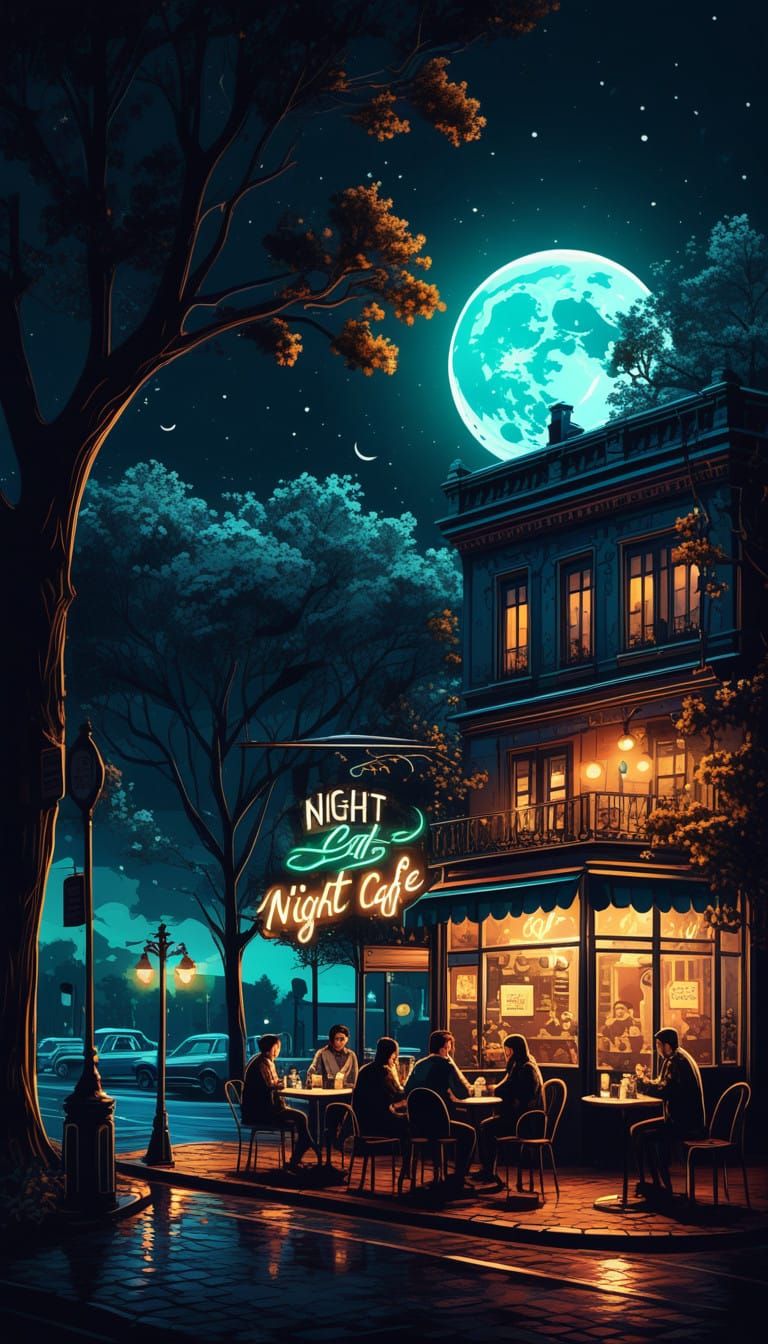 A lovely dimly lit night cafe with a neon sign with cursive writing ...