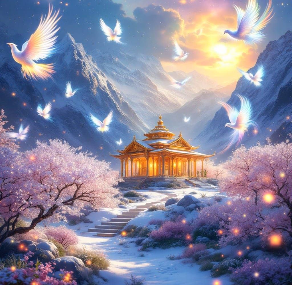 The Valley Temple - Golden Phoenixes Soar Above a Fantastica...